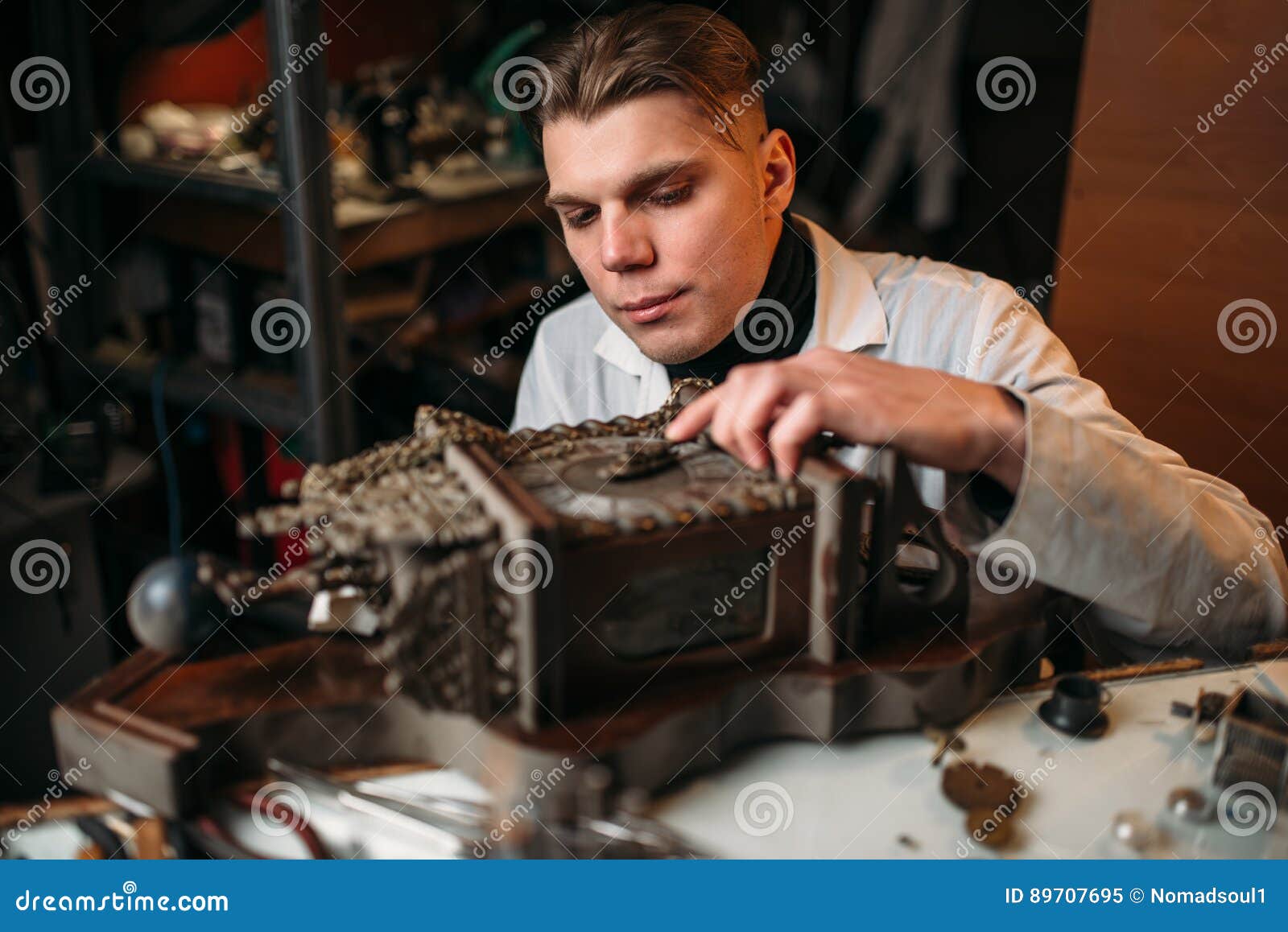 Watchmaker Adjusts the Mechanism of Old Wall Clock Stock Image - Image ...