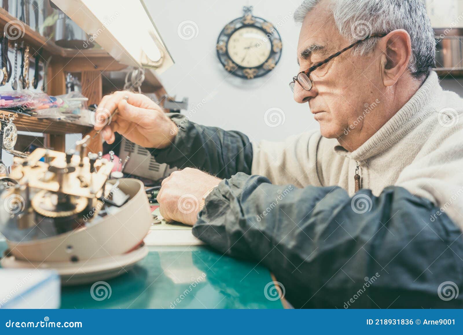 Watchmaker in His Workshop Repairing a Larger Clock Stock Photo - Image ...