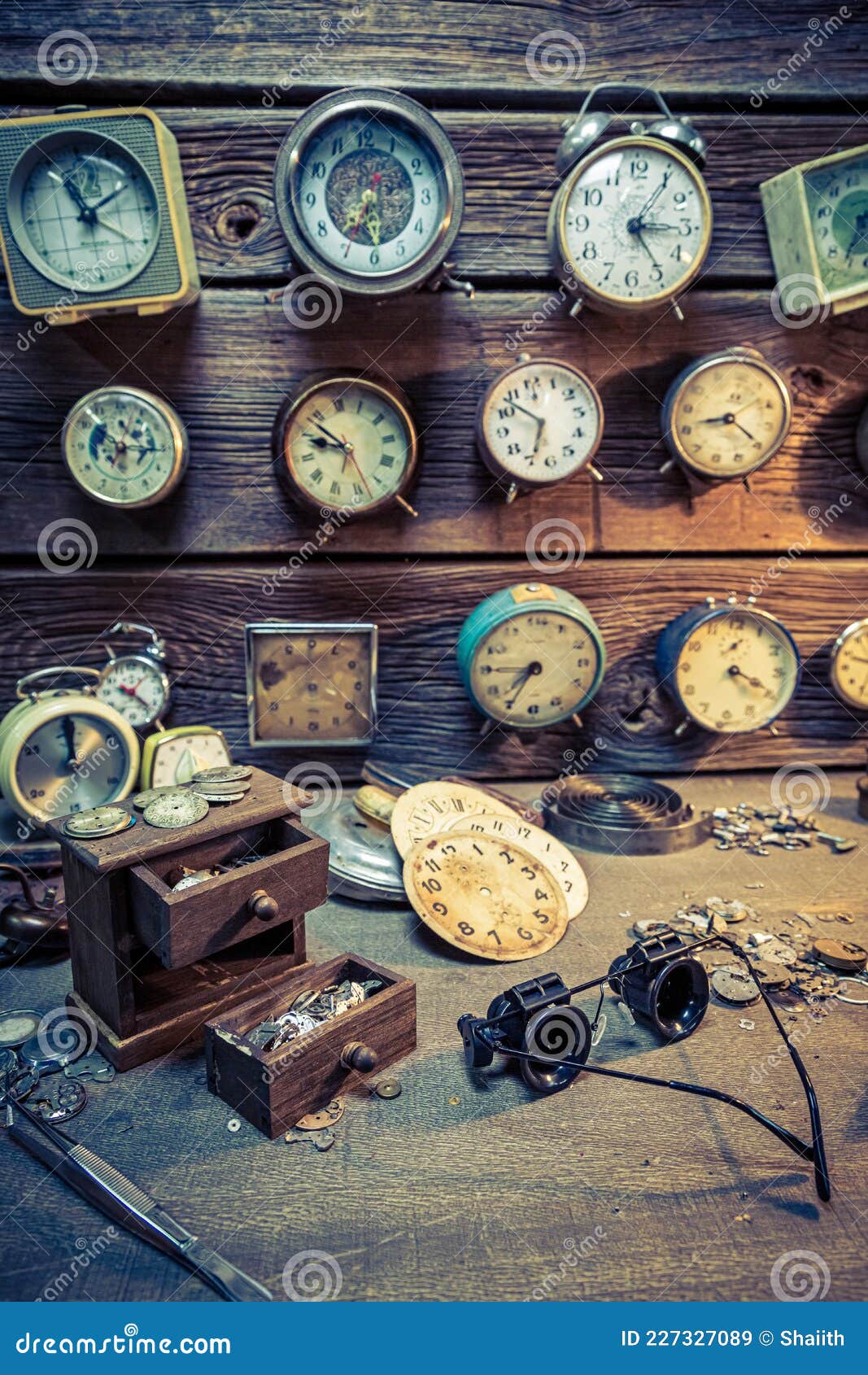 Watchmaker`s Workshop with Repaired Clocks. Ancient Watchmaker`s ...