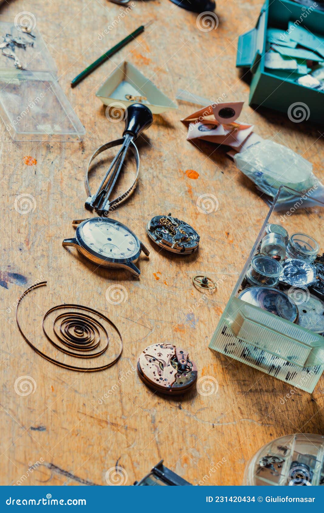 Watchmakers Workbench with Scattered Tools and Mechanisms Stock Photo ...