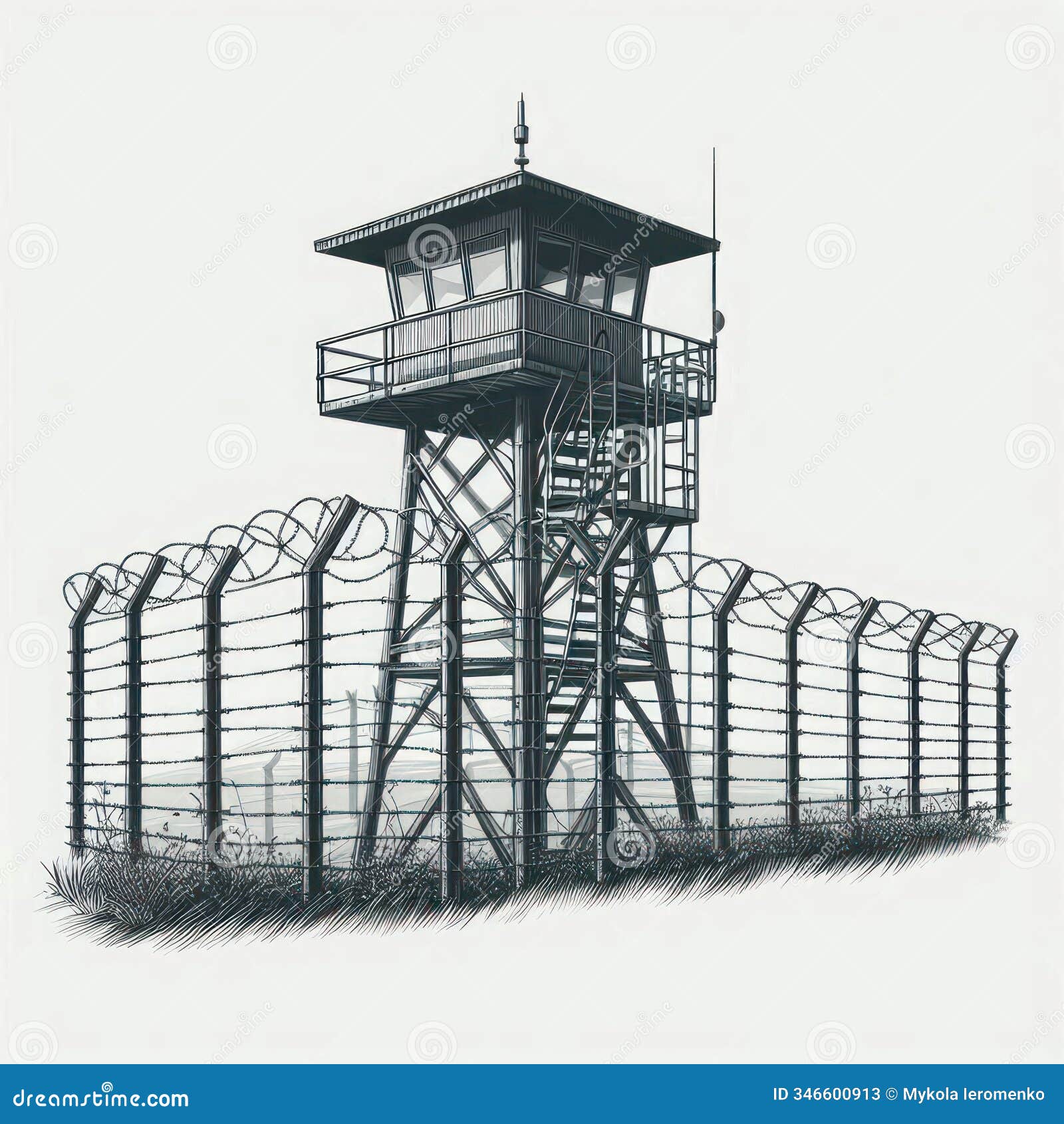 Watchtower with Barbed Wire on a Clean Background. Stock Image - Image ...