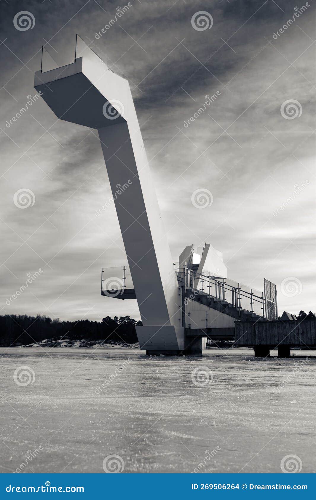 Watchtower on frozen lake stock photo. Image of building - 269506264
