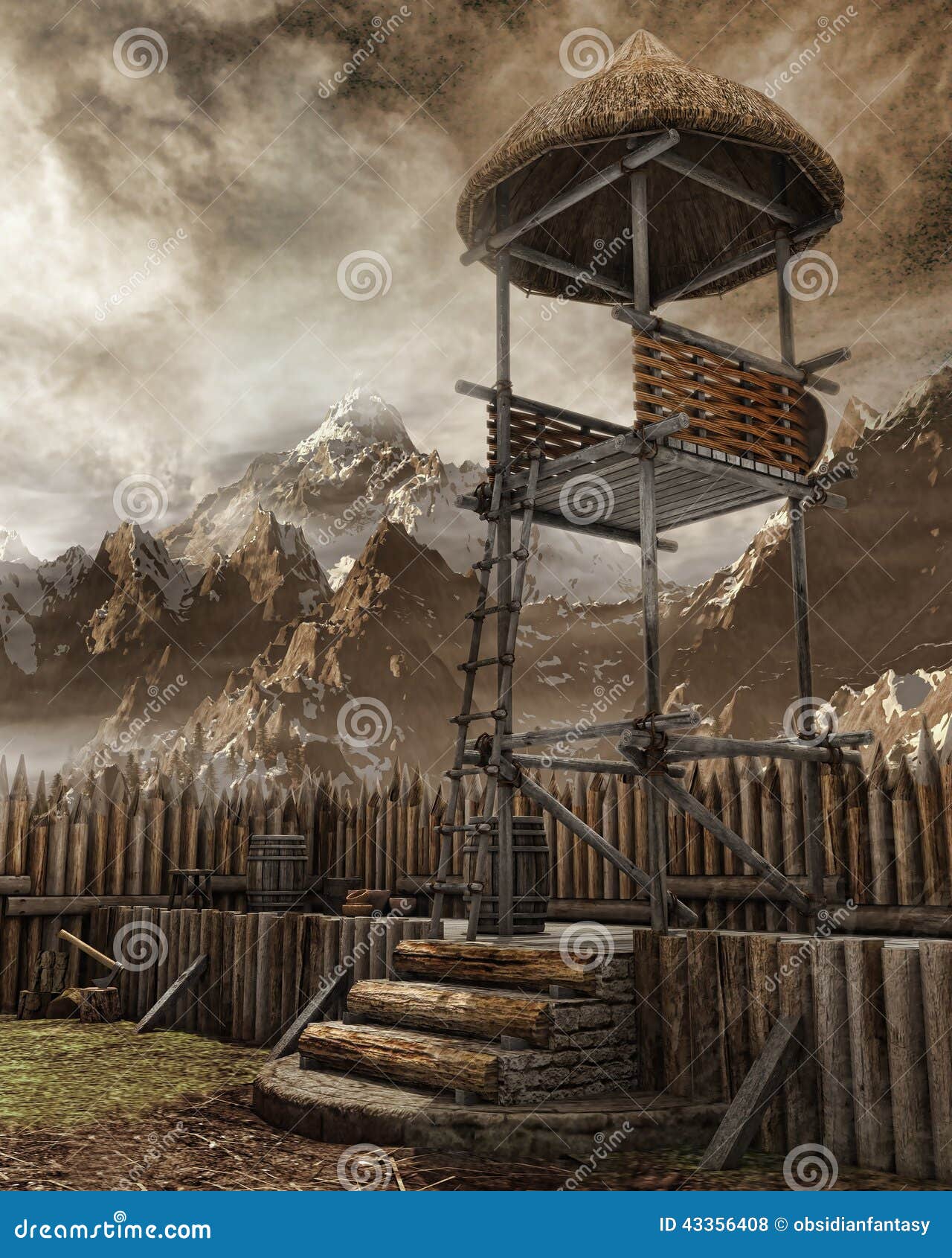 Watchtower in an Old Settlement Stock Illustration - Illustration of ...