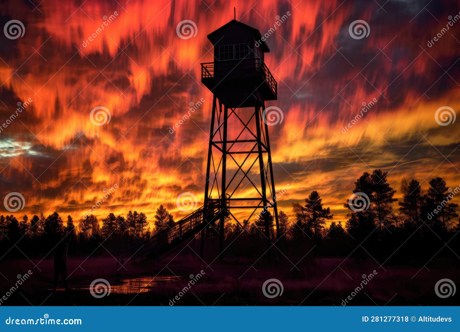 Watchtower Silhouetted Against a Dramatic Sunset Stock Illustration ...