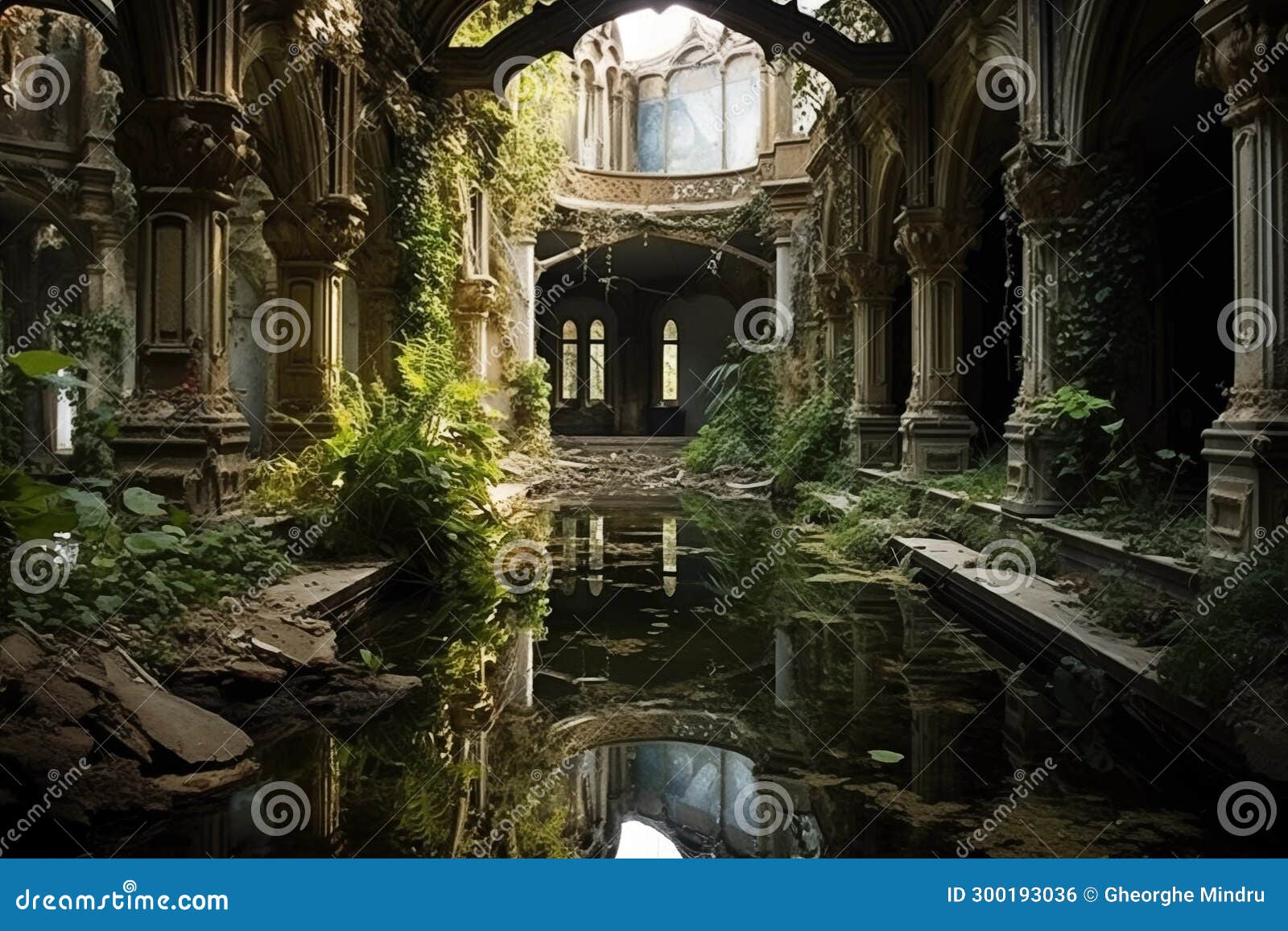 The Water in the Abandoned Building is Covered in Plants, in the Style ...