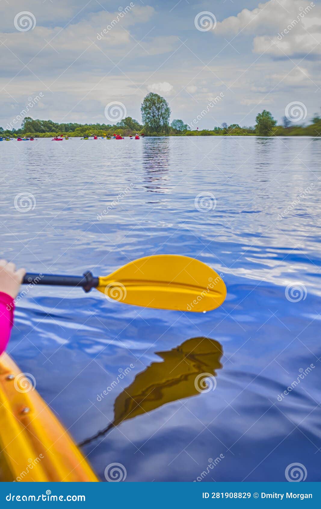 Water Activities. Group of Travellers on Kayak Paddle while Kayaking on ...