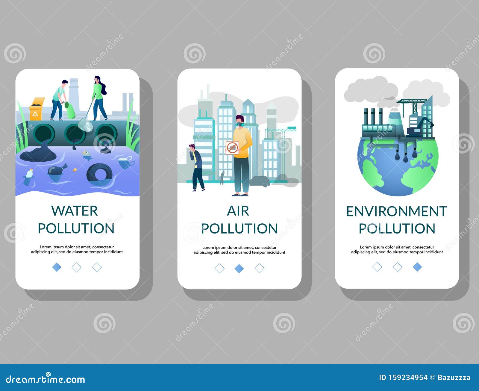 Environment Pollution Mobile App Onboarding Screens Vector Template ...