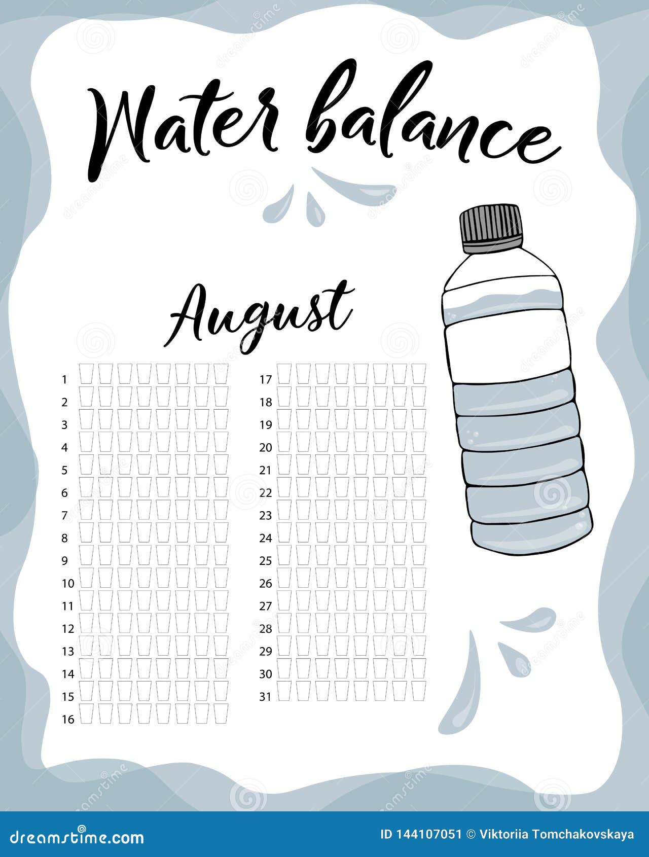 Water Balance Vector Calendar. Water Monthly Tracker. Water Consumption ...