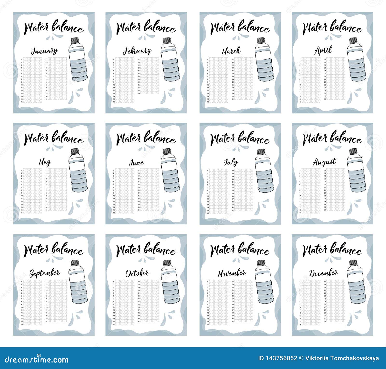 Water Balance Vector Calendar.set Water Monthly Tracker. Water ...