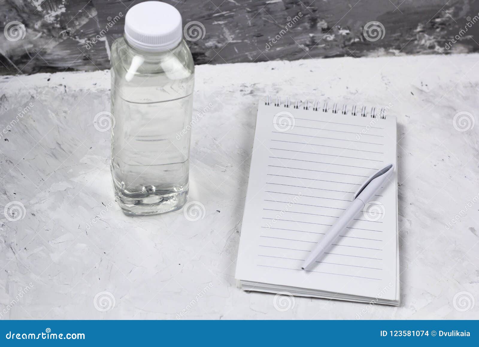 Water Bottle, Open Notepad with Blank Sheet Stock Photo - Image of copy ...