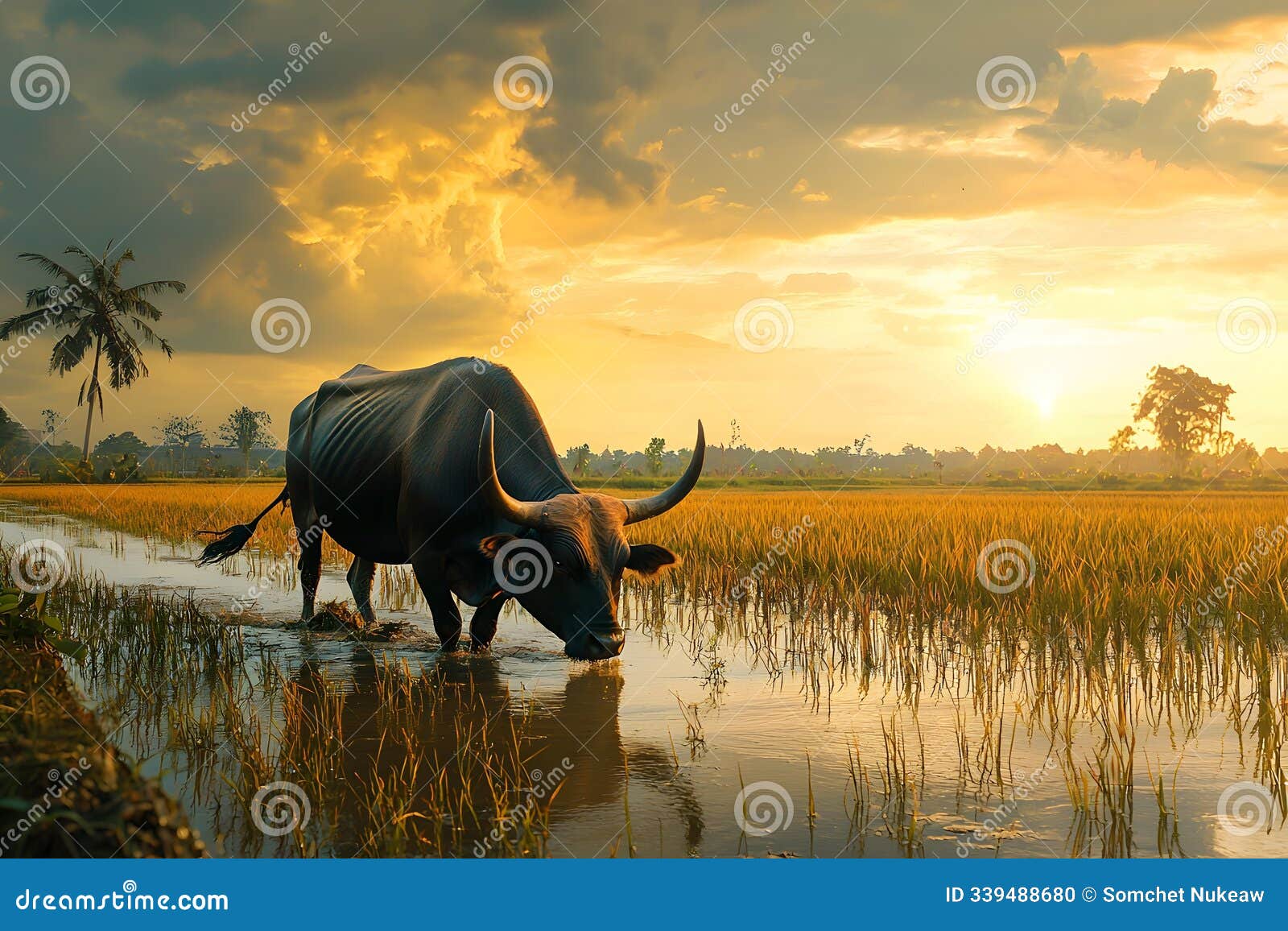 Water Buffalo in Rice Field at Sunset with Beautiful Sky Stock ...