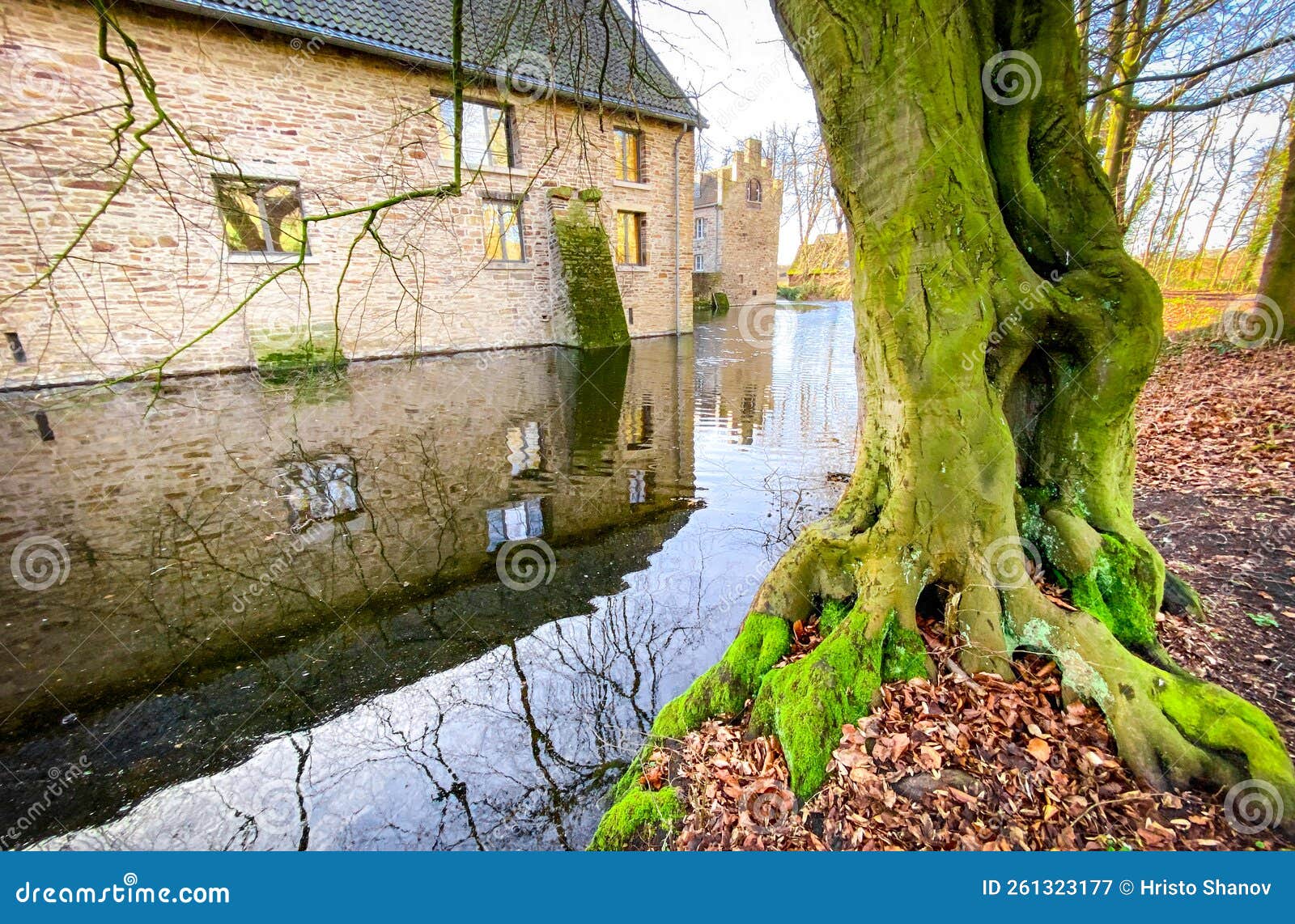 Old Water Castle with Trees and Reflections in Water Stock Image ...