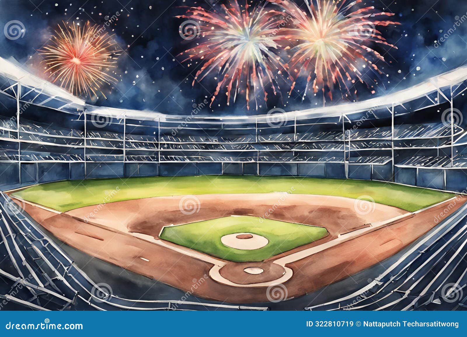 Water Color Empty Baseball Field, Fireworks, Night, No People Stock ...