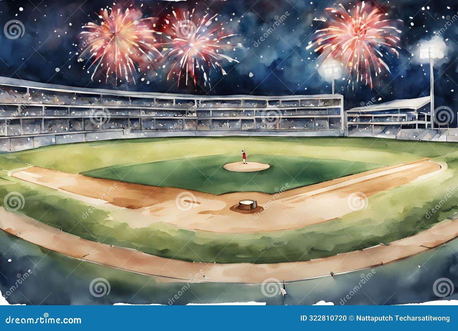 Water Color Empty Baseball Field, Fireworks, Night, No People Stock ...