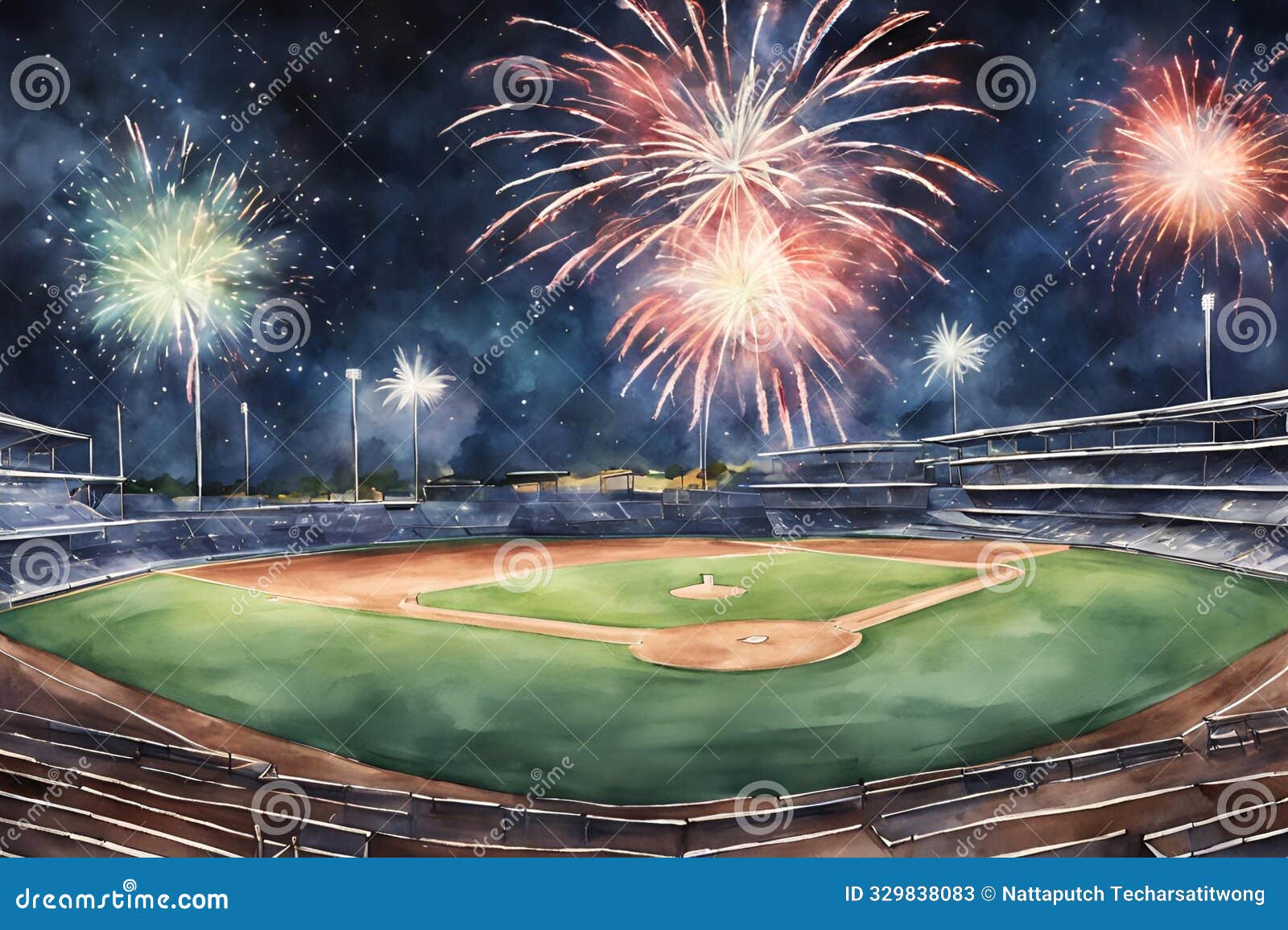 Water Color Empty Baseball Field, Fireworks, Night, No People Stock ...