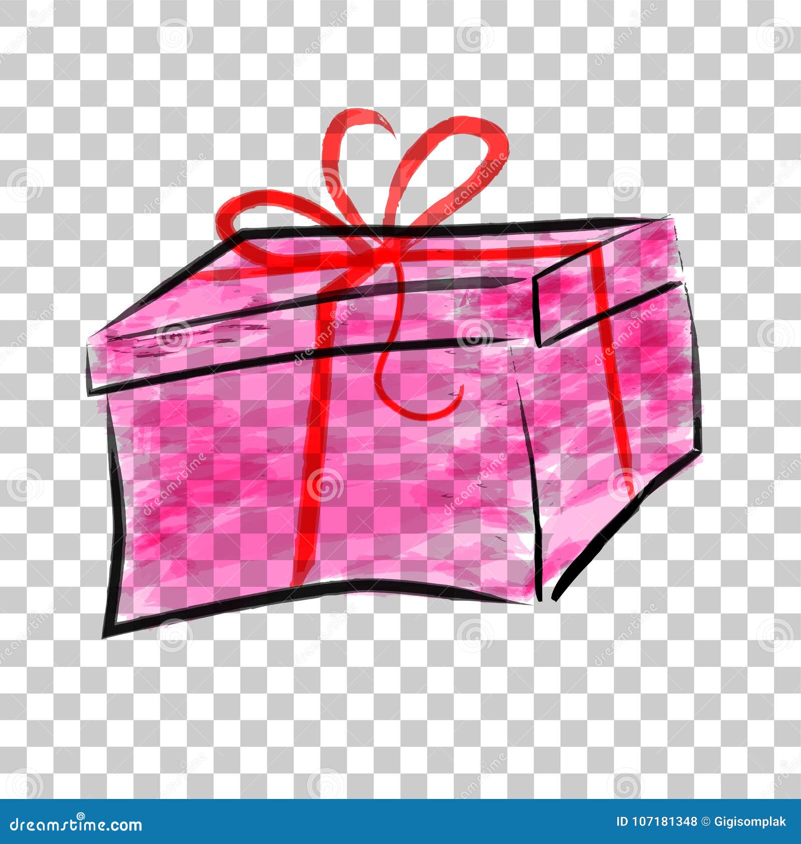 Water Color of Pink Rectangle Gift Box with Red Ribbon, at Transparent ...