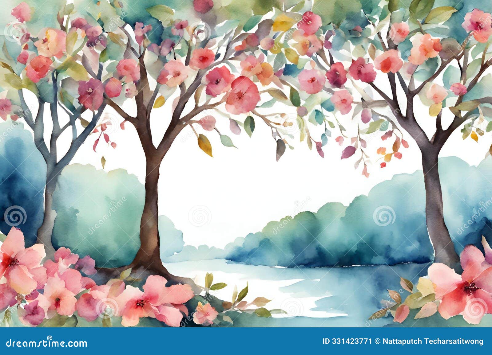Water Color Tree with Flower Illustration Stock Illustration ...
