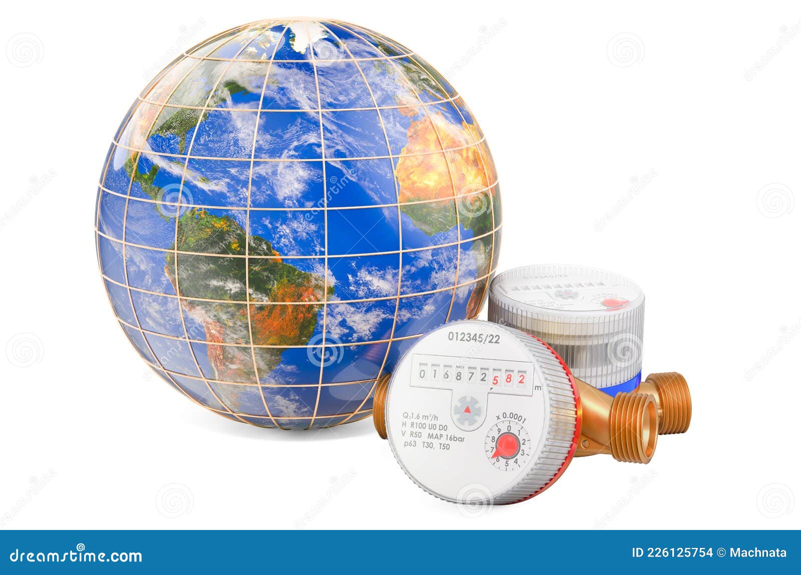 Water Consumption in the World. Water Meters with Earth Globe Stock ...