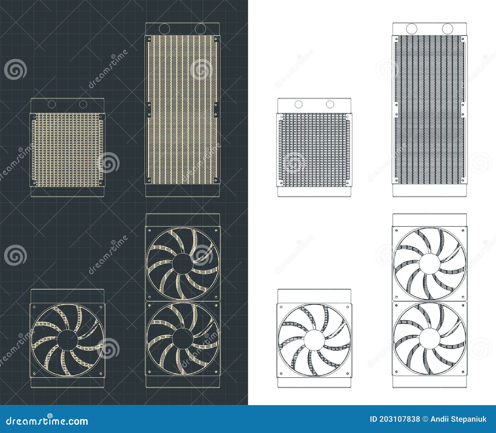Water Cooling Radiators Blueprints Set Vector Illustration ...