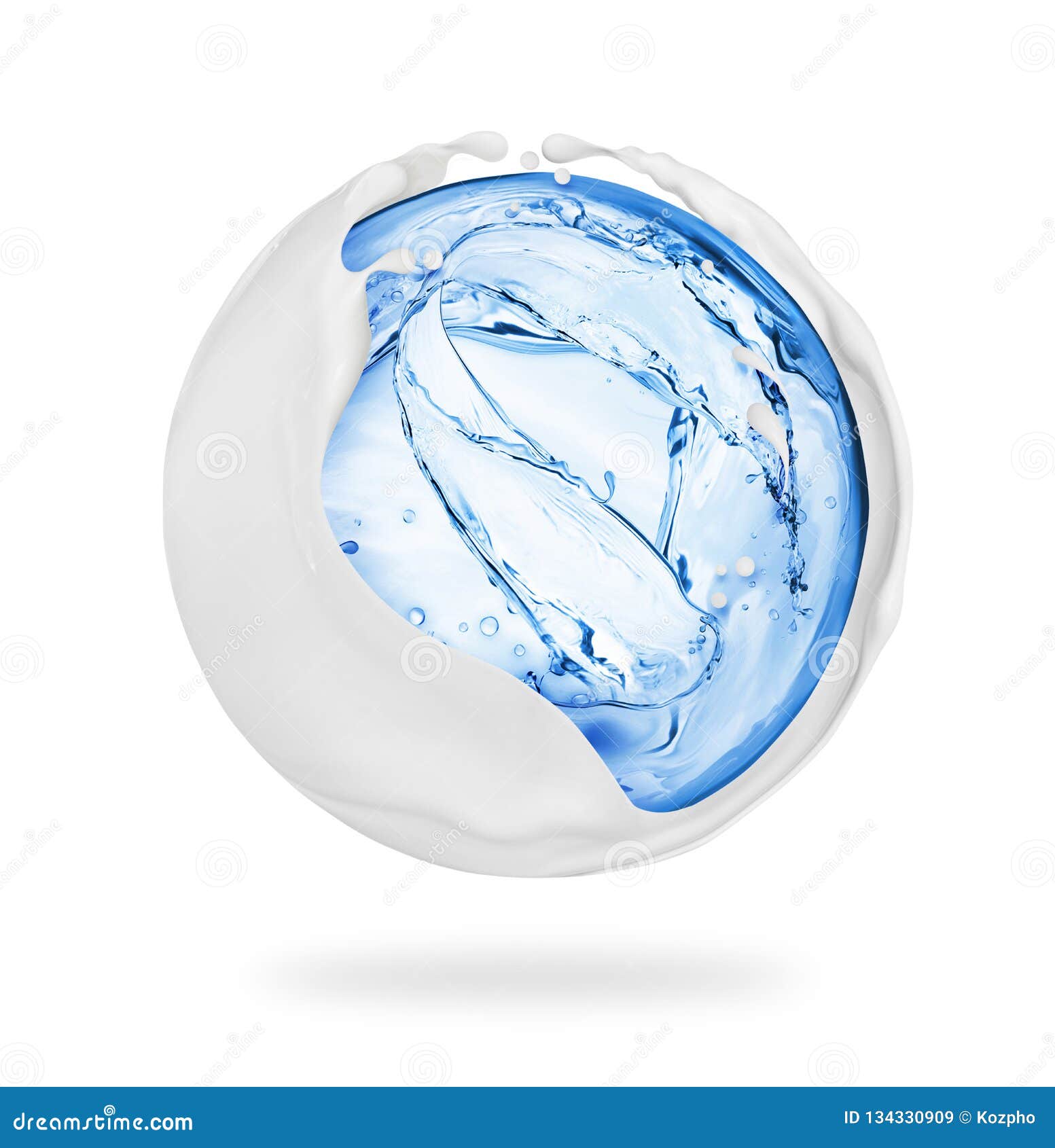 Water and Cream Splashes in Spherical Shape, Isolated on White ...
