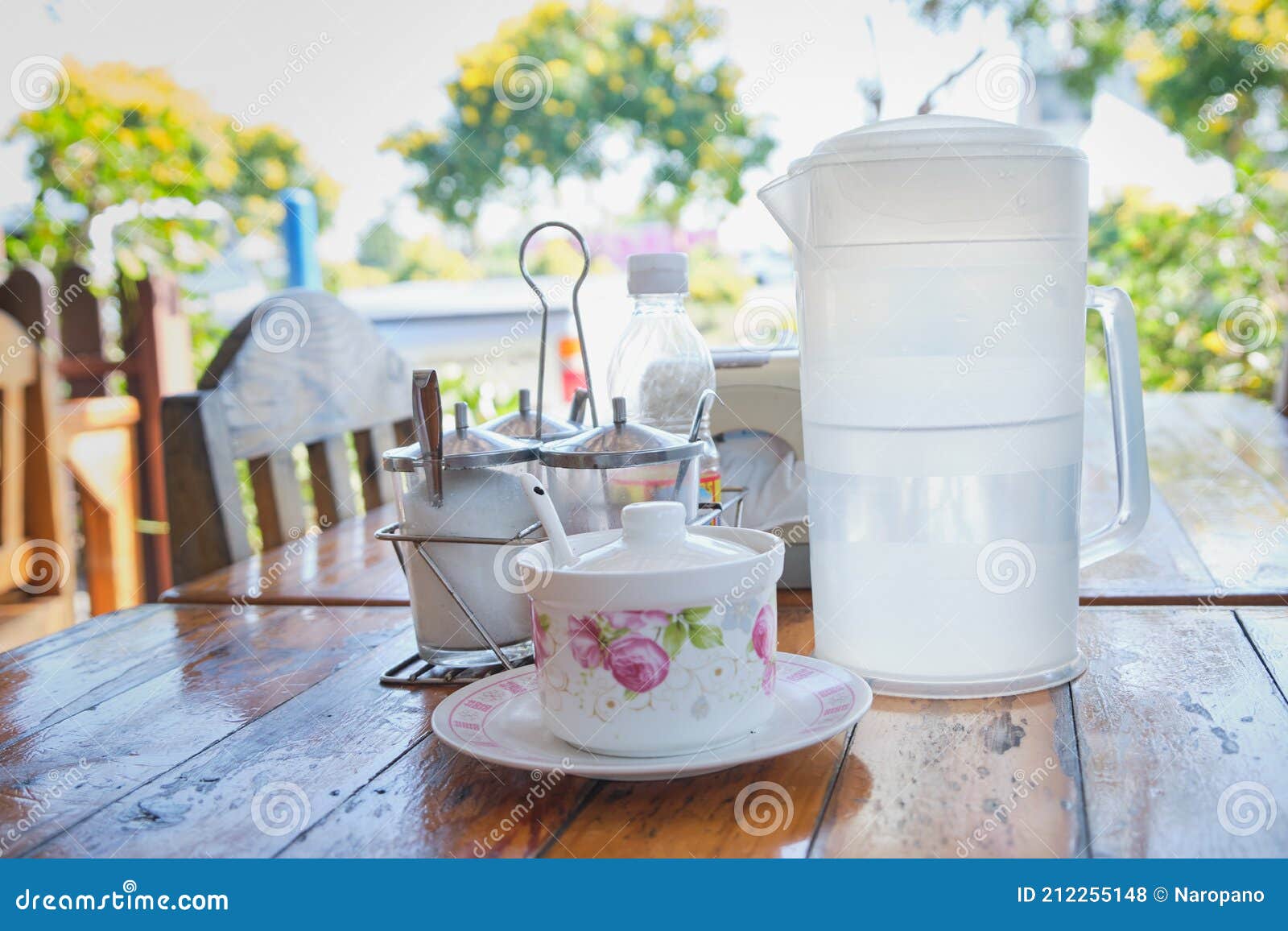 Water Drink in Clear Plastic Jug on Wood Table Stock Photo - Image of ...