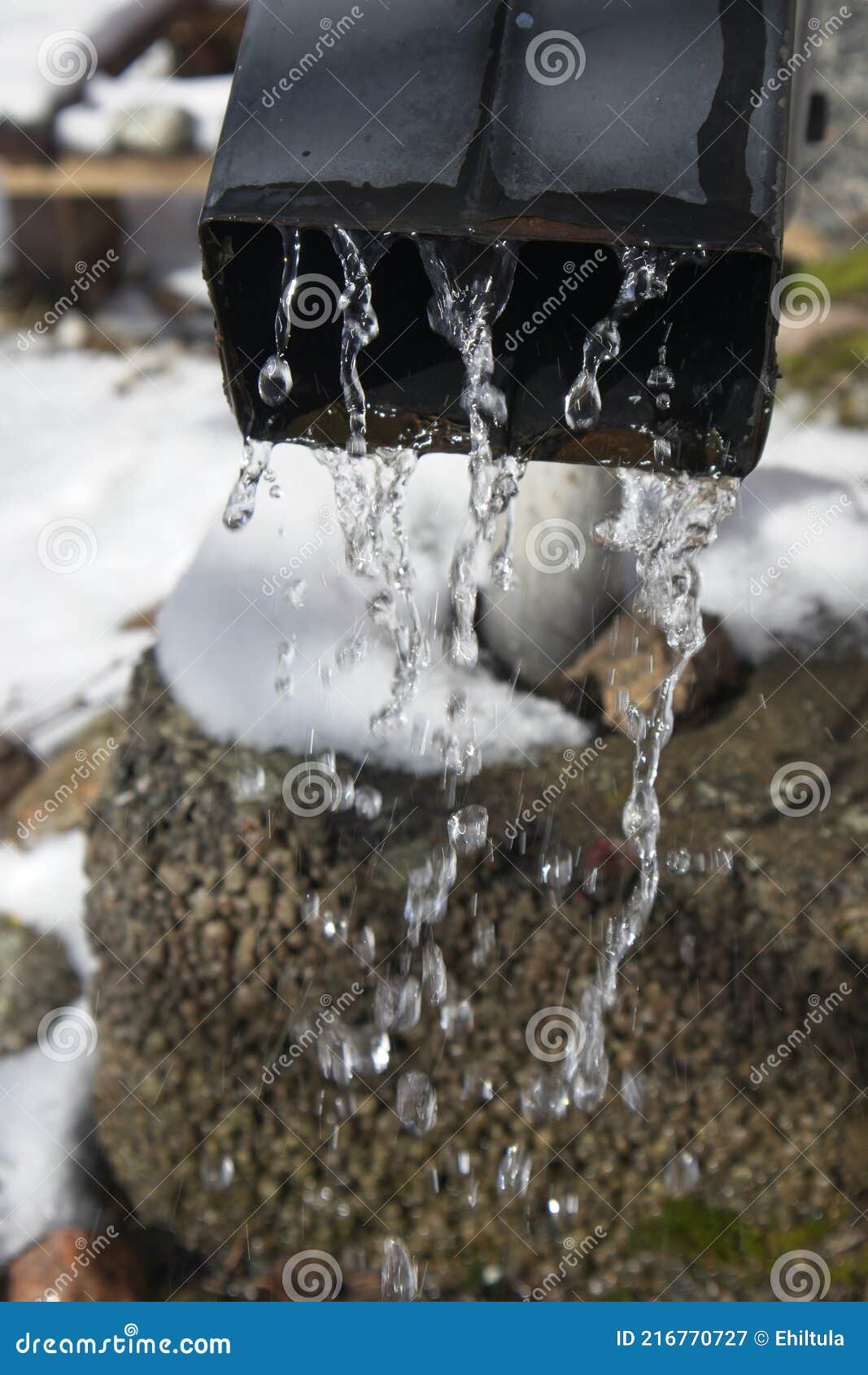 Water Dripping from Downspout after the Snow Melts in Spring Stock ...