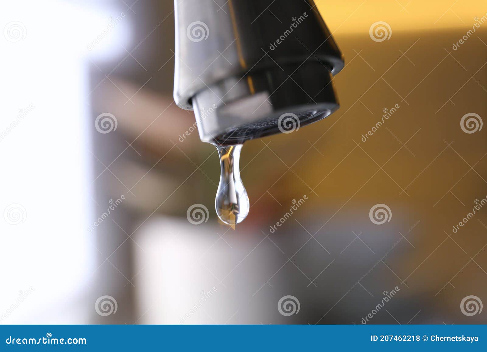 Water Drop Falling Down from Tap on Blurred Background, Closeup Stock ...