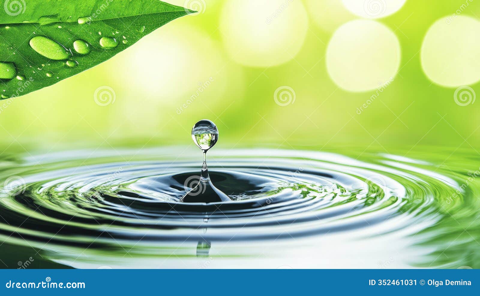 Water Drop Falling into Water Creating Ripples with Green Leaf Stock ...