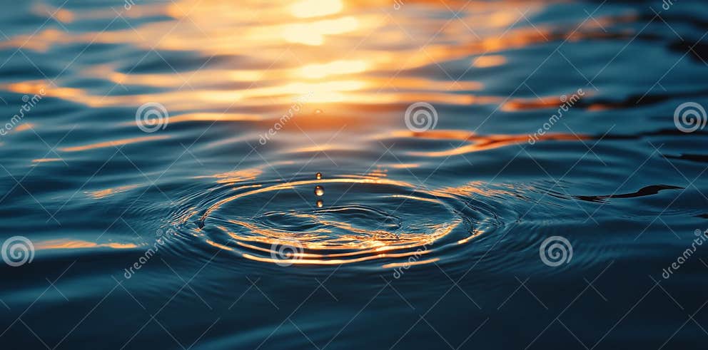 A Water Drop Falls at Sunset, Causing Ripples on the Tranquil Surface ...
