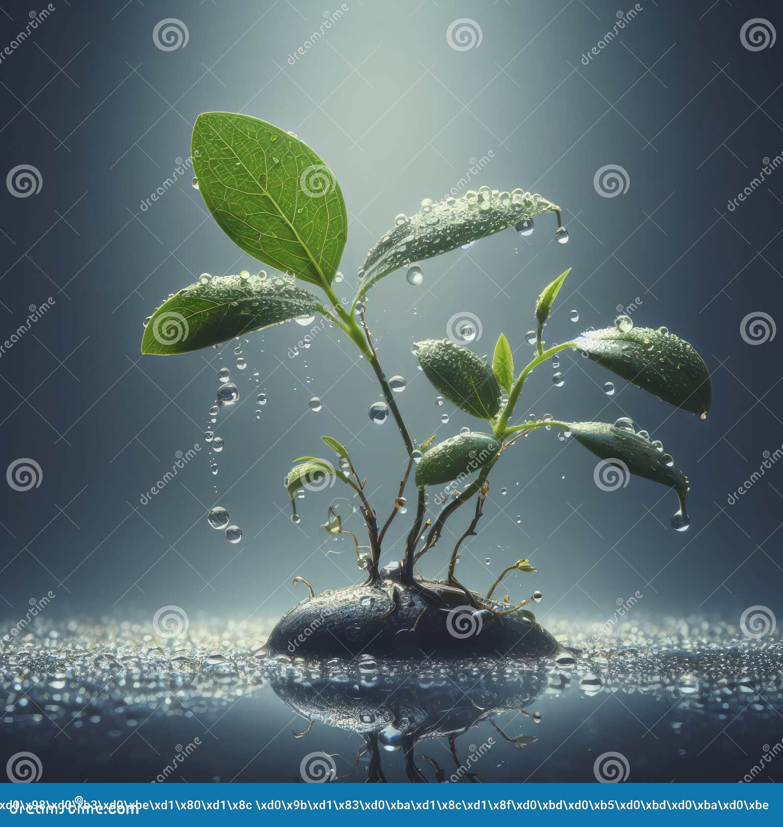 Water Drop and Growing Leave Stem from it on Solid Water Background. Ai ...