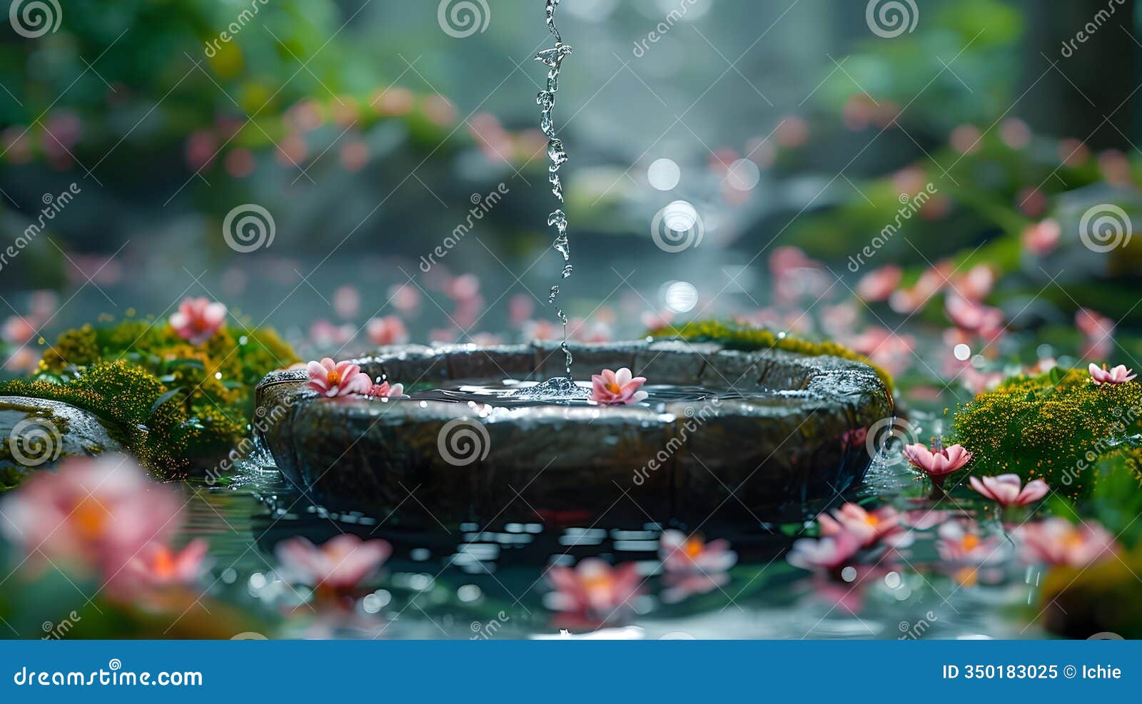 Water Droplet Falling into a Stone Basin with Pink Flowers Illustration ...