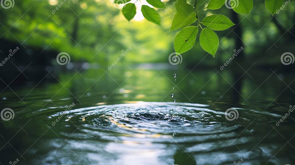 Water Droplets Falling into a Calm Forest Stream Stock Illustration ...