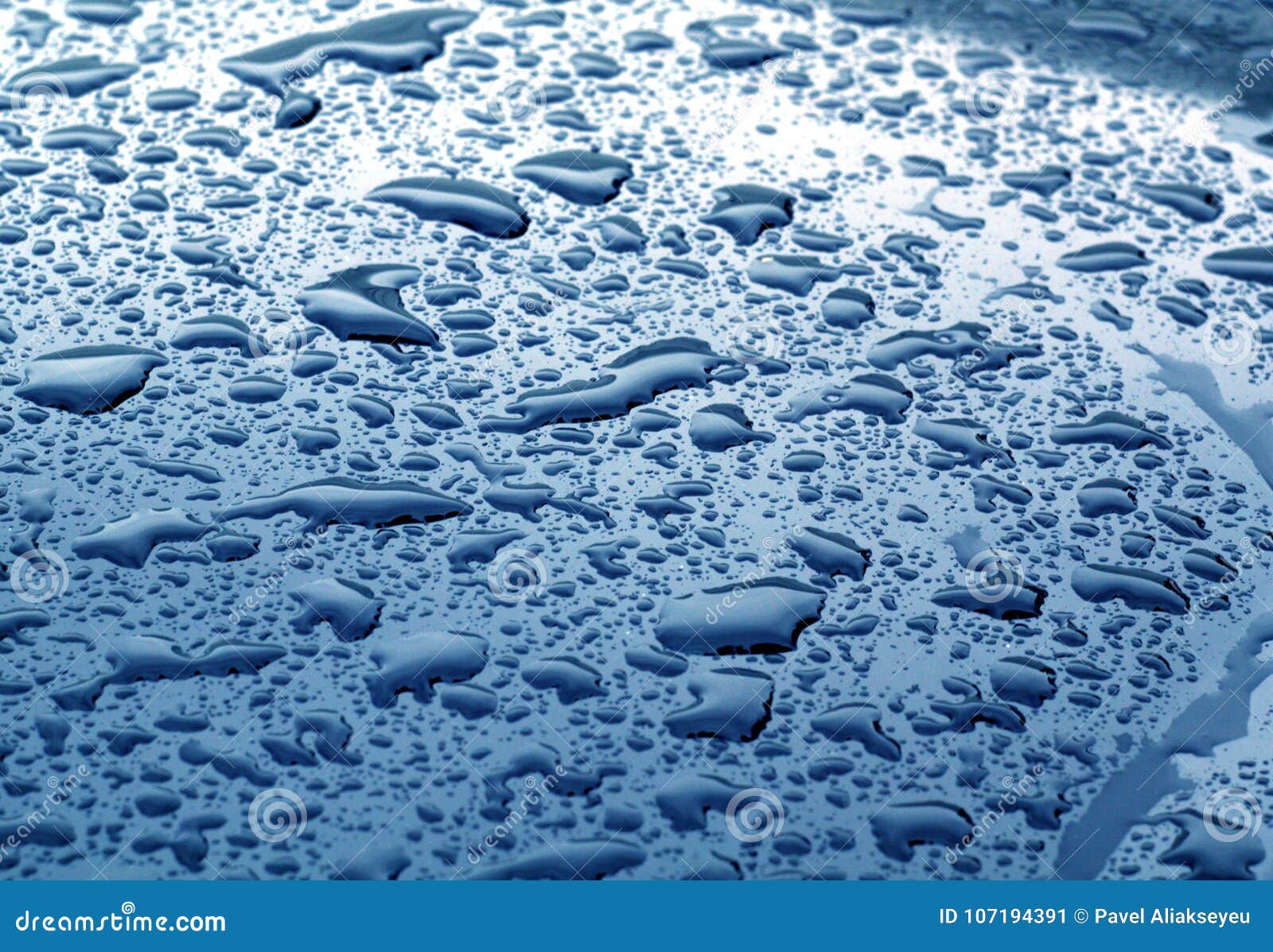 Water Drops on Blue Color Metal Surface with Blur Effect Stock Image ...