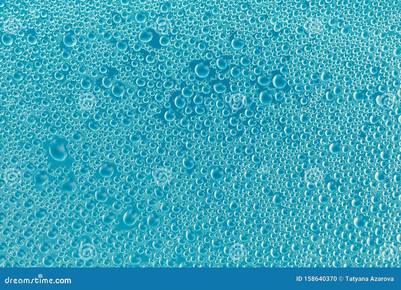 Water Drops On Blue Glass Surface. Abstract Bubbles Background. Glossy ...