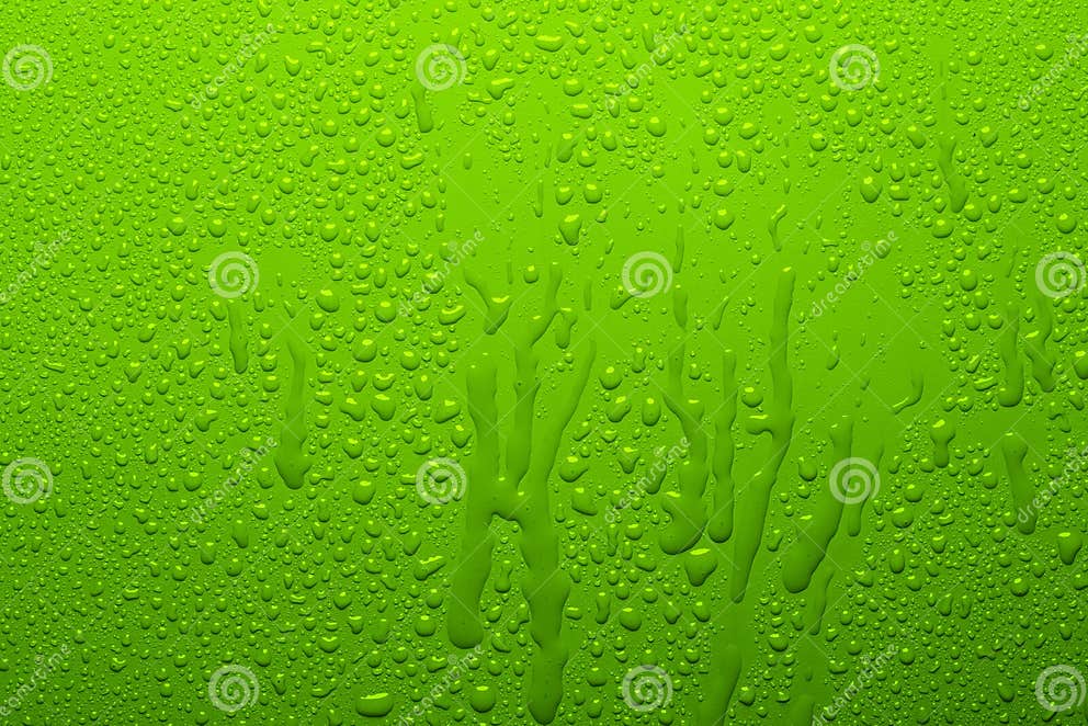 Water Drops on Green Color Surface Stock Image - Image of liquid, clear ...