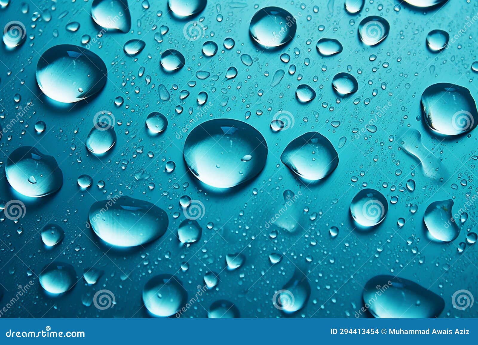 Water Drops on Metallic Surface Blue Background Stock Photo - Image of ...