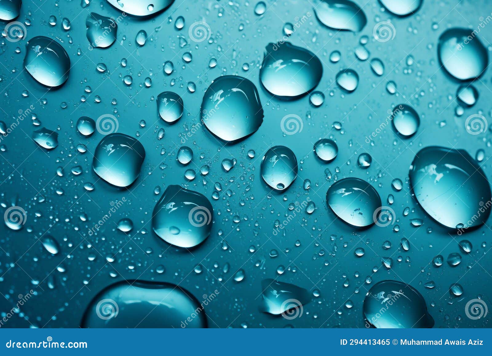 Water Drops on Metallic Surface Blue Background Stock Image - Image of ...