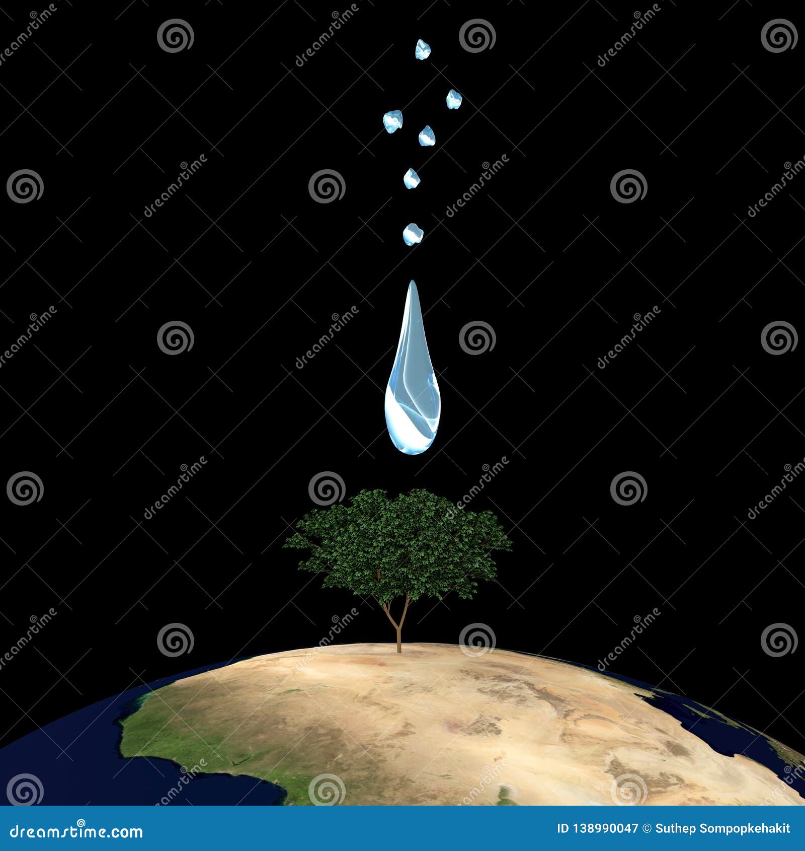 Water Drops To Tree on Earth ,3D Rendering Stock Illustration ...