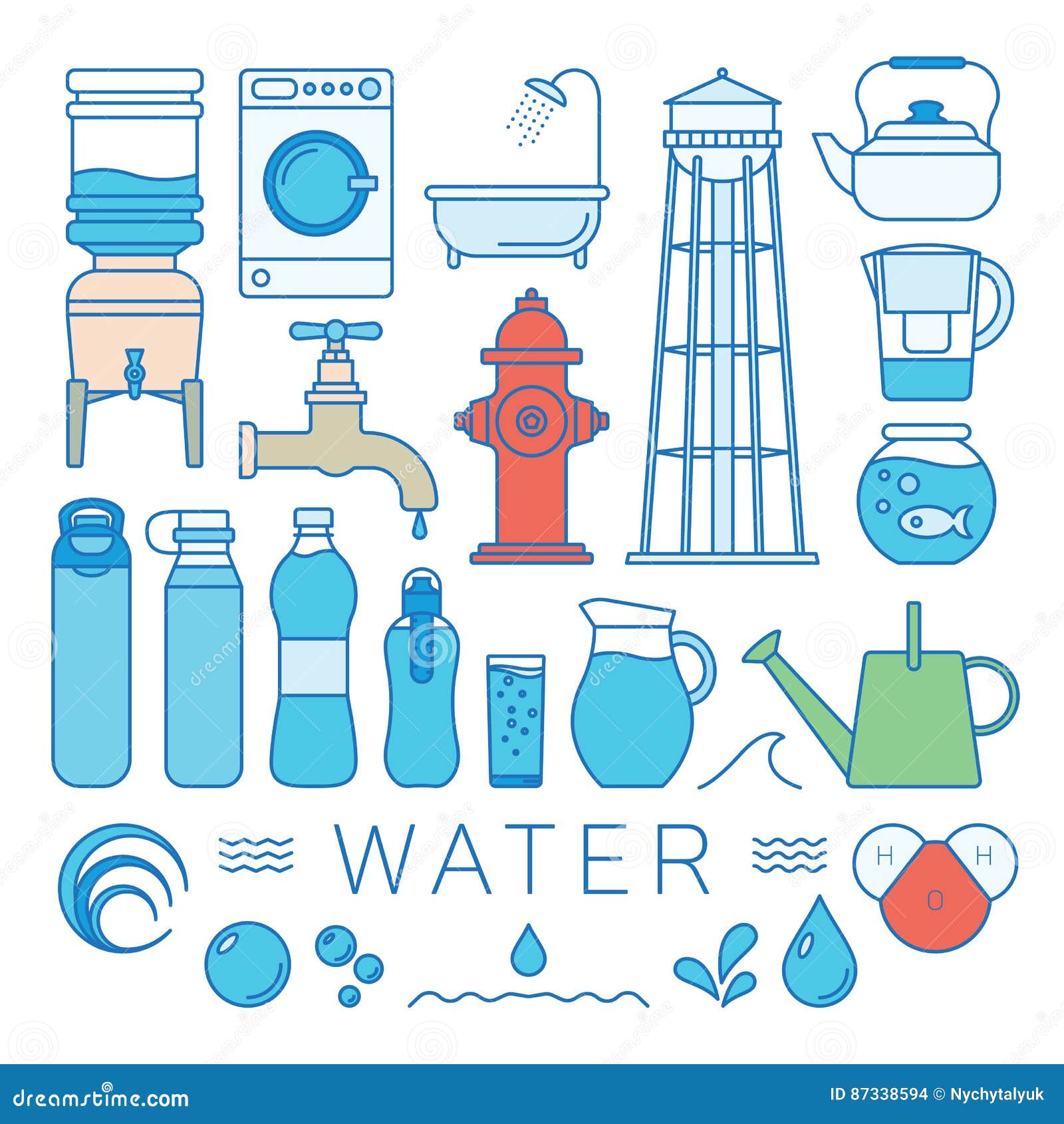Water Elements Set in Thin Line Style. Stock Vector - Illustration of ...