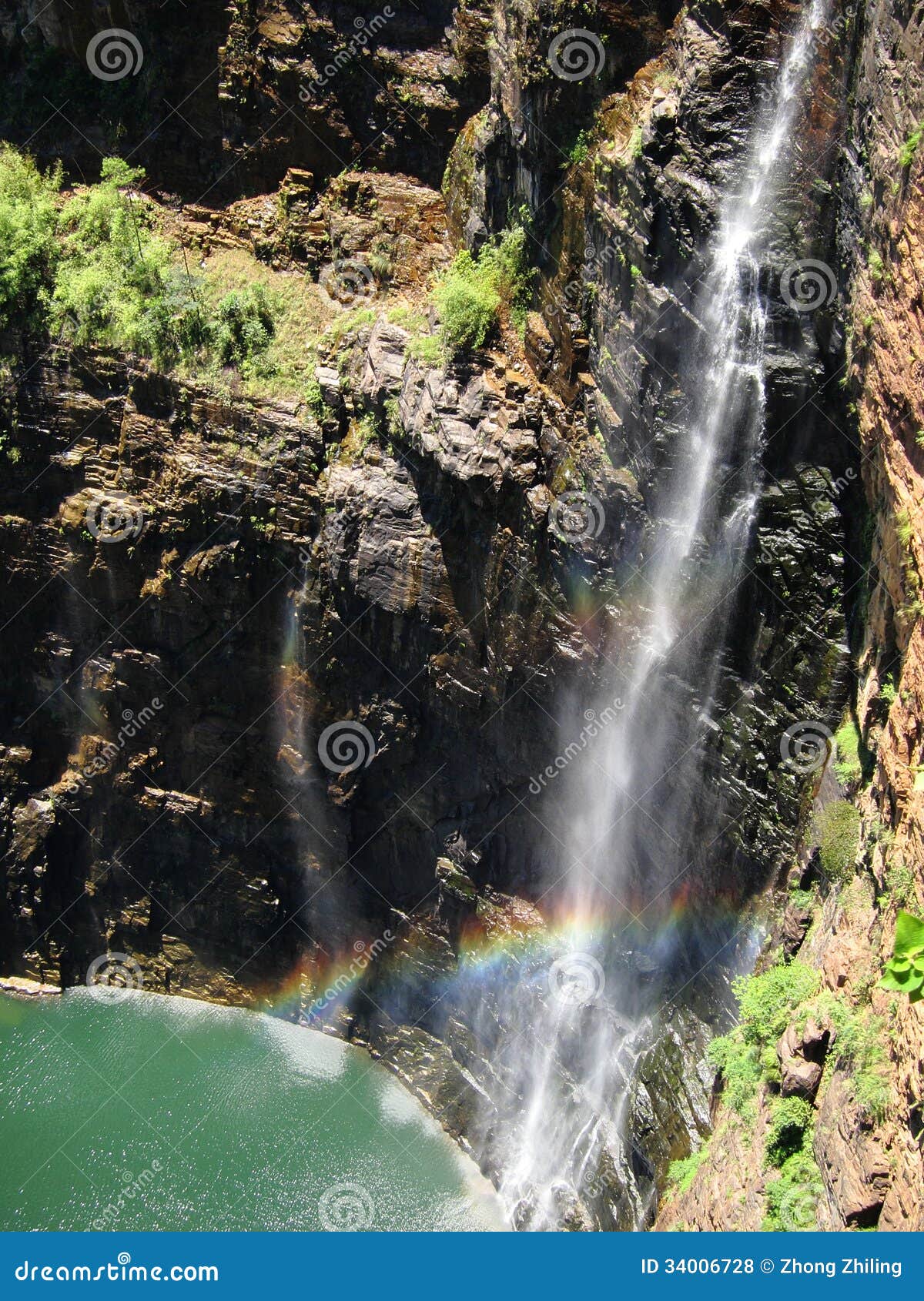 Water Fall and Rainbow Under the Sunlight Stock Photo - Image of ...