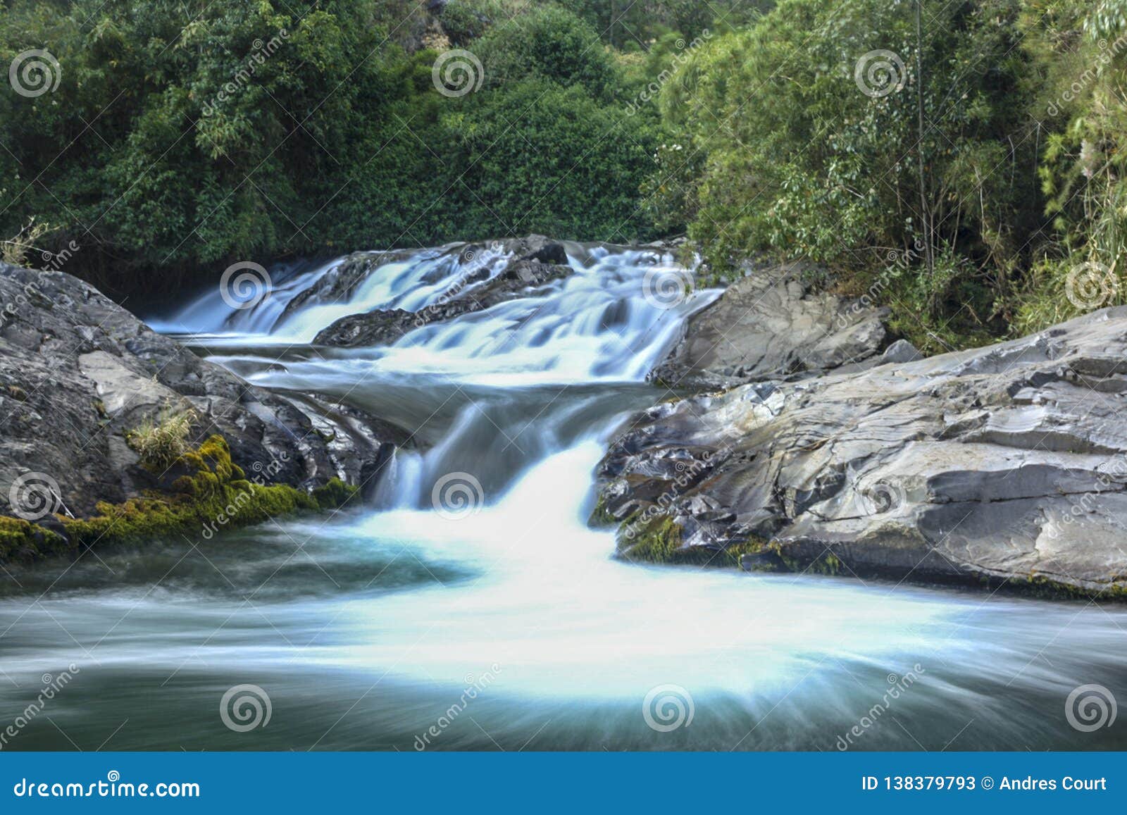 Water Fall through Rocks with a Green Background Stock Image - Image of ...