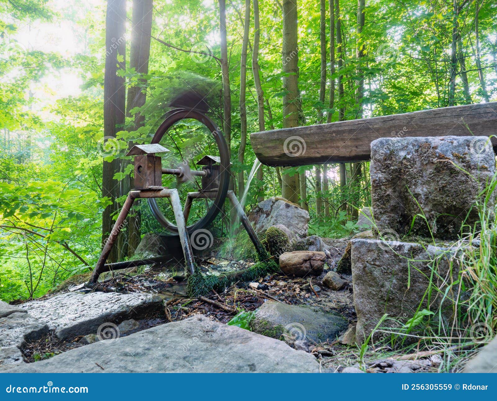 Water Falling from the Hollowed-out Trough Turns the Mill Wheel Stock ...