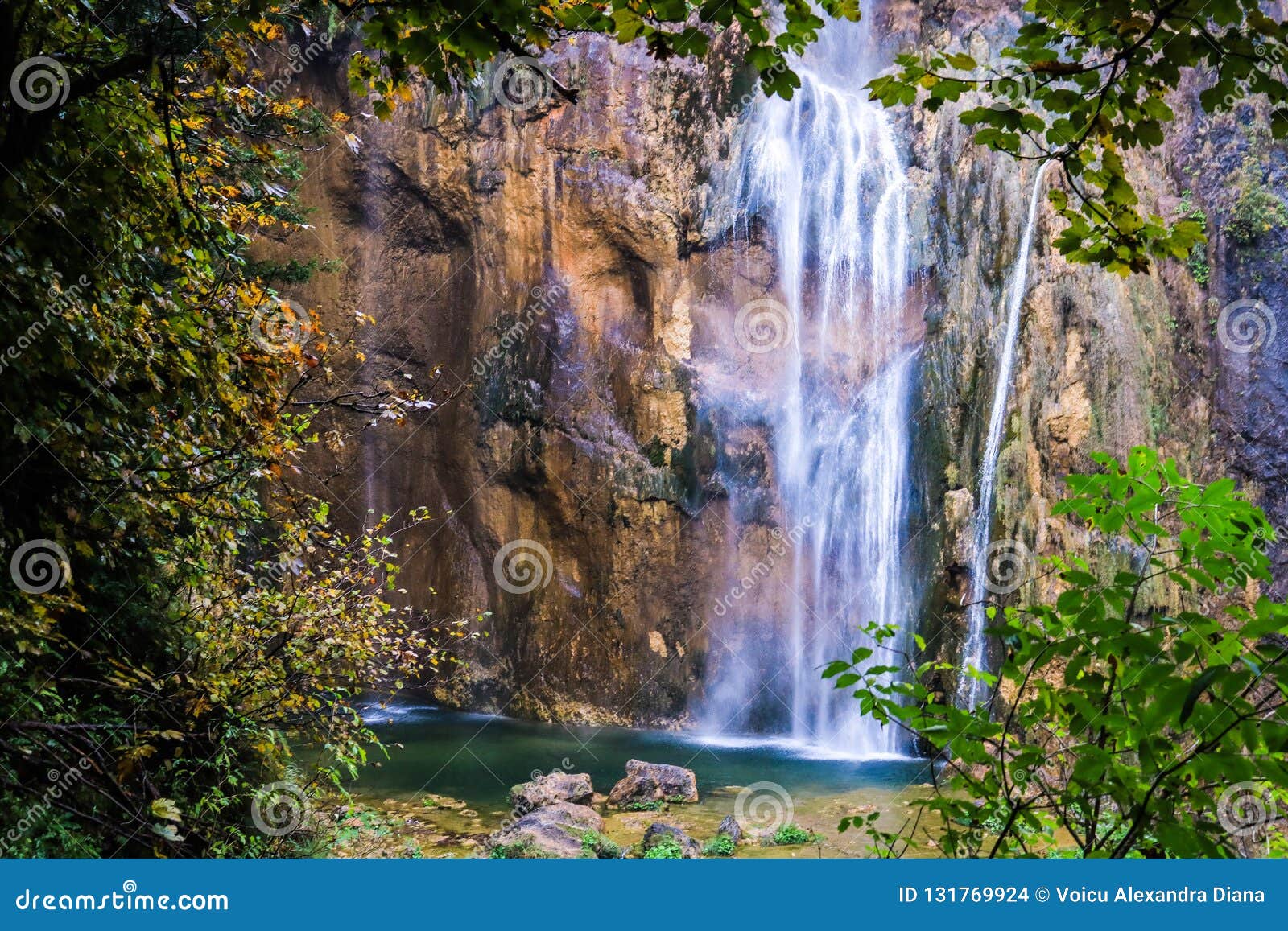 Water Falling Over a Mountain with Leaf Border Stock Photo - Image of ...