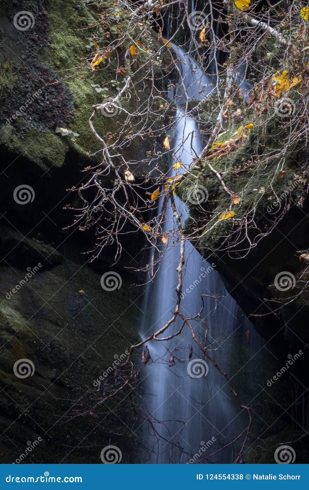 Water Falling in a Sheet between Rocks in a Fall Mountain Landscape ...