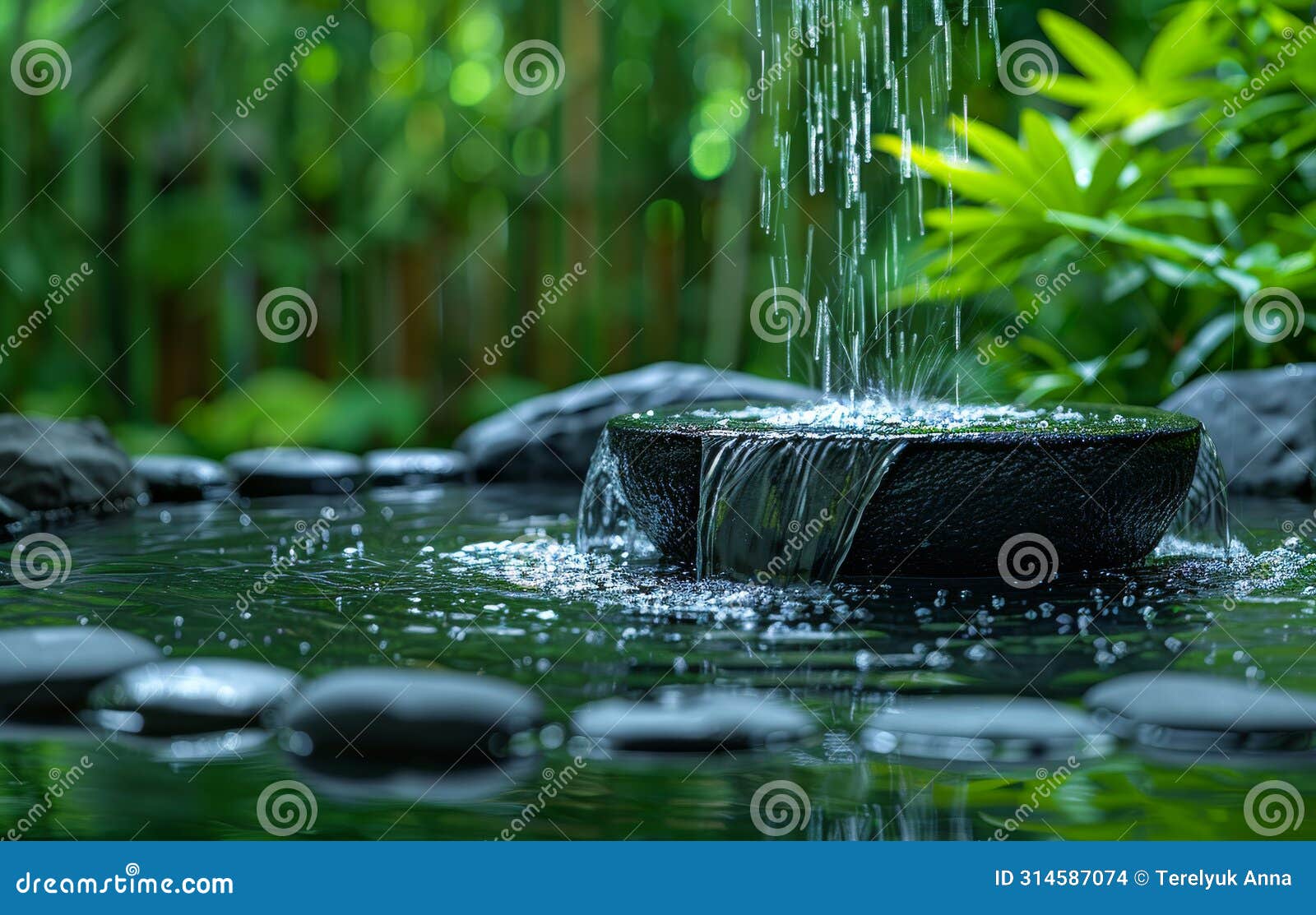 Water Falling from Stone Bowl into Garden Pond Stock Photo - Image of ...