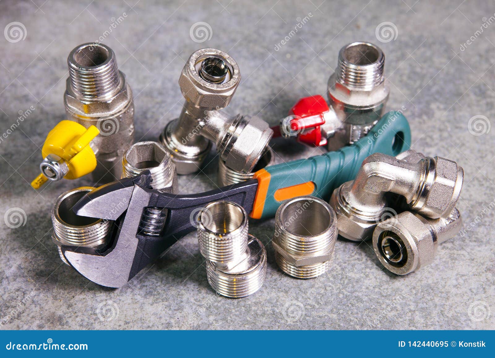 Water Fittings and Adjustable Spanner Stock Image - Image of metallic ...