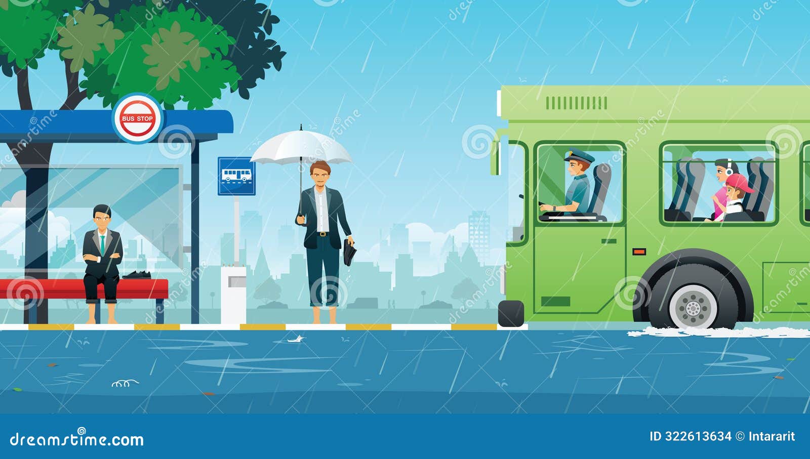 Water floods the bus stop. stock illustration. Illustration of climate ...