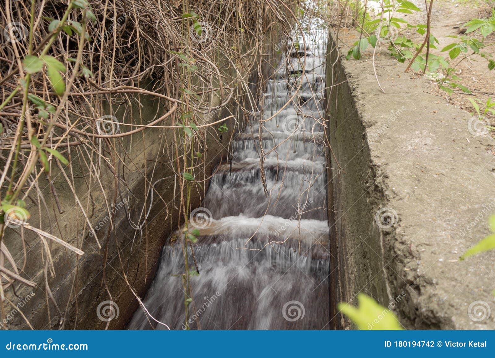 Water Flow on a High Concrete Staircase. Water Flows in Steps Stock ...