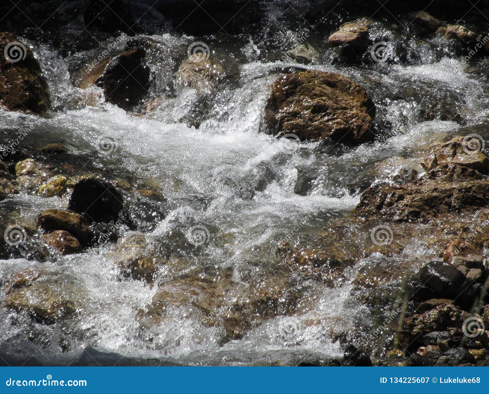 Water Flowing and Splashing Over Rocks in a Mountain River Stream Stock ...