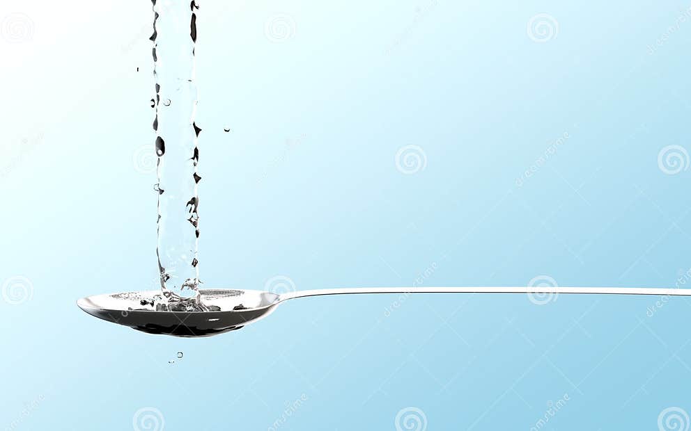 Water Flowing on Spoon Falling on Still Surface. 3D Rendering Stock ...